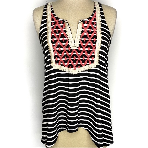 THML | Tops | Thml Black White Striped Pink Embroidered Tank Top Boho ...